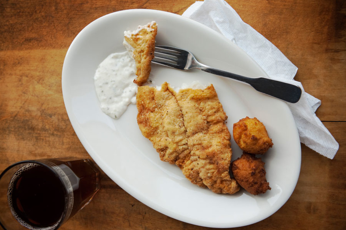 Recipe: Panfried Catfish With Jalapeño Hush Puppies and Herb Aioli